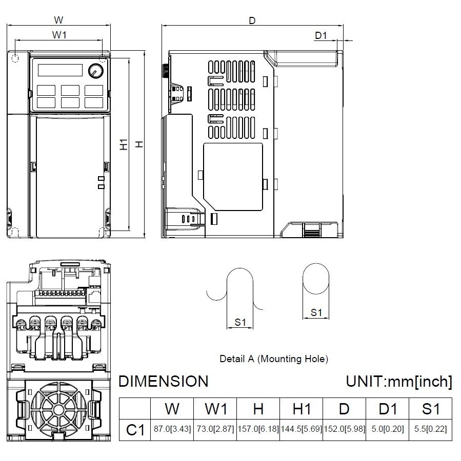 VFD MS300 3x230V->3x230V 3.7kW & keypad STO (version without filter ...