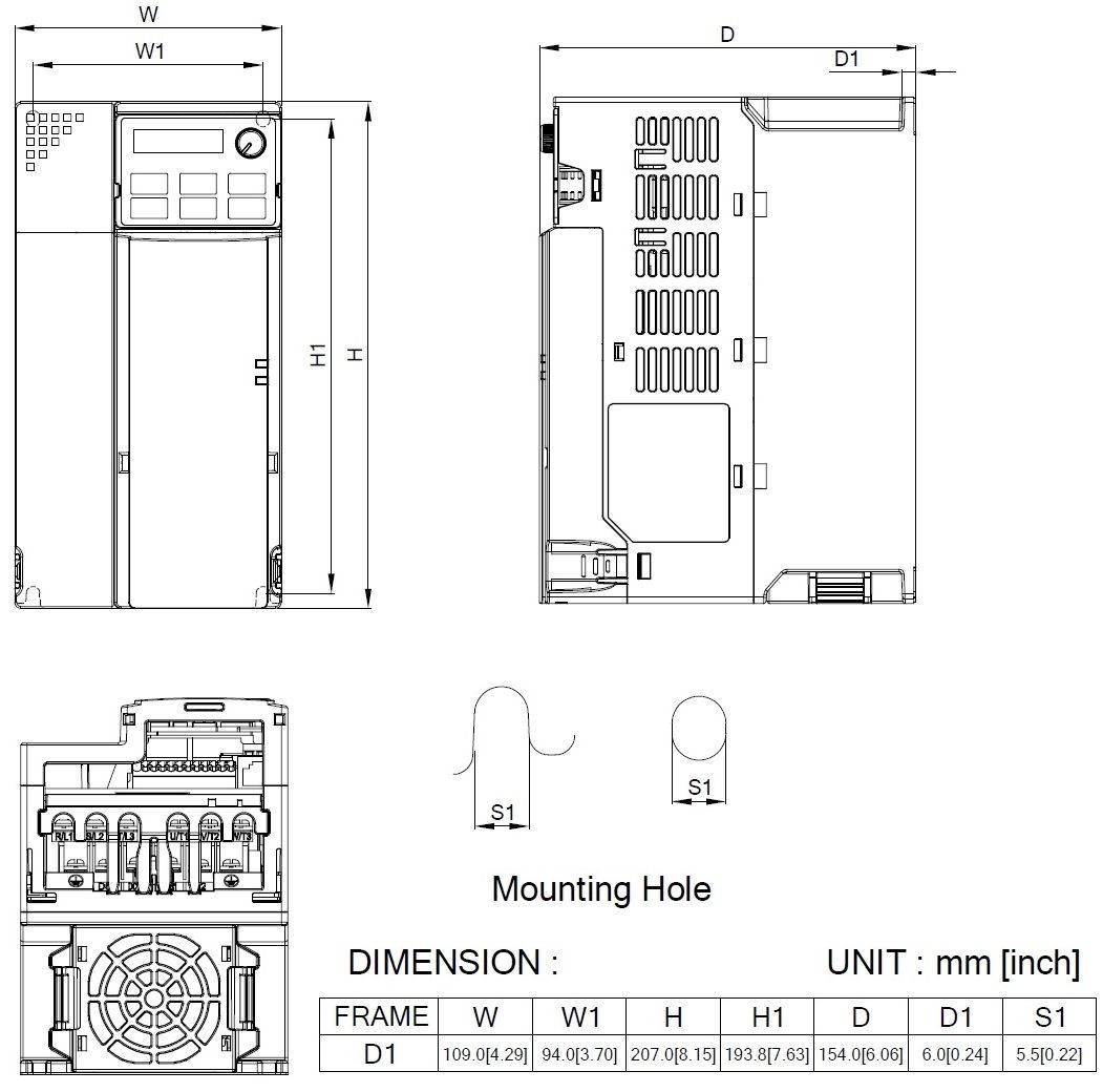 VFD MS300 3x230V->3x230V 5.5kW & keypad STO (version without filter ...